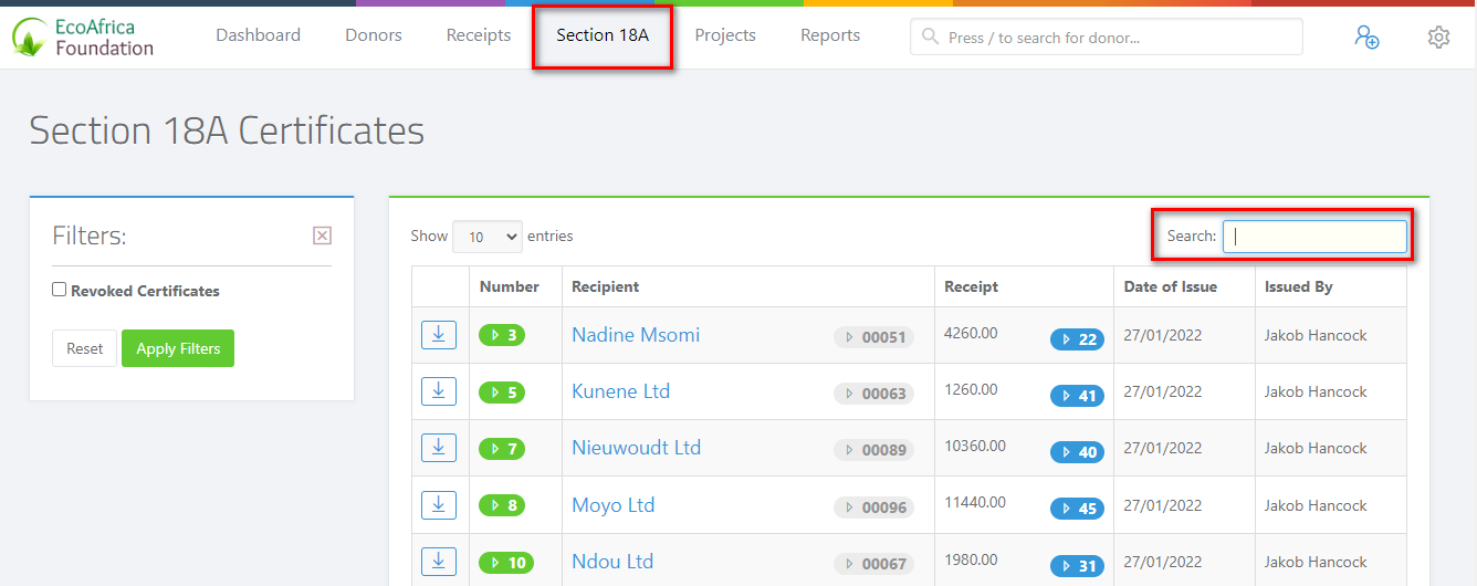 Searching for a Section 18A Tax Certificate – ActiveDonor Help