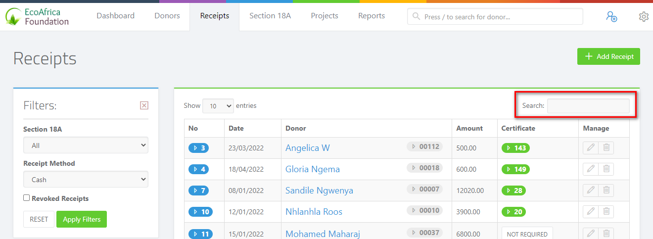 Searching for Receipts – ActiveDonor Help