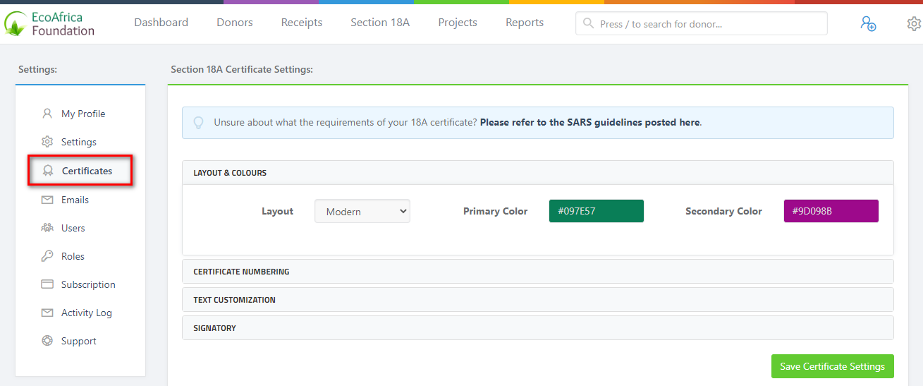 Customising the text and layout on a Section 18A Tax Certificate ...