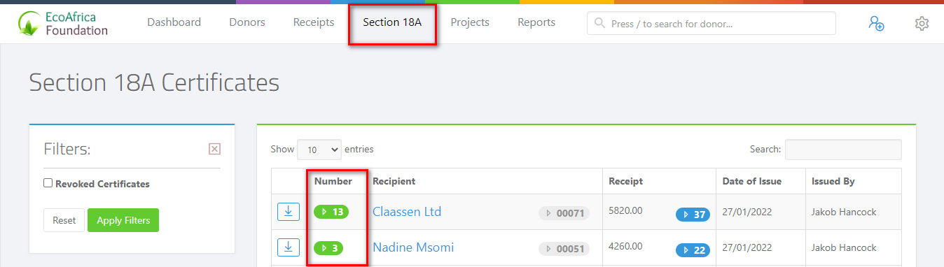 Deleting a Section 18A Tax Certificate – ActiveDonor Help
