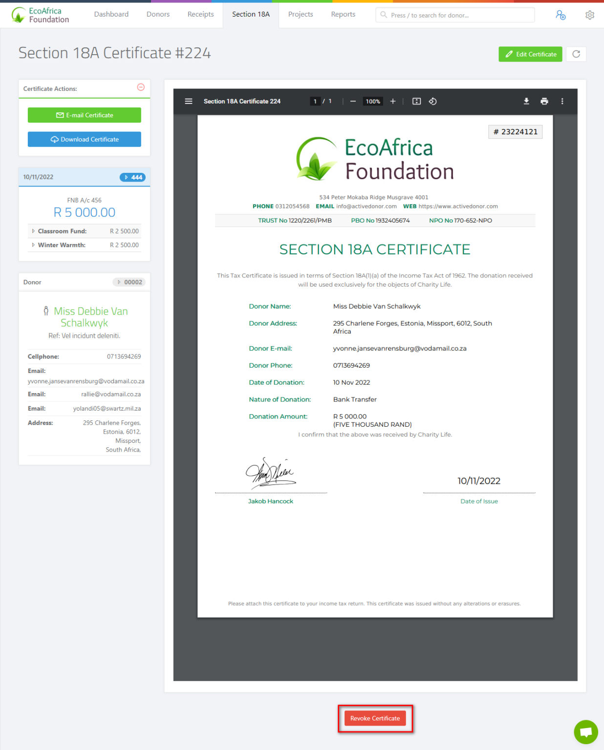 Deleting a Section 18A Tax Certificate – ActiveDonor Help
