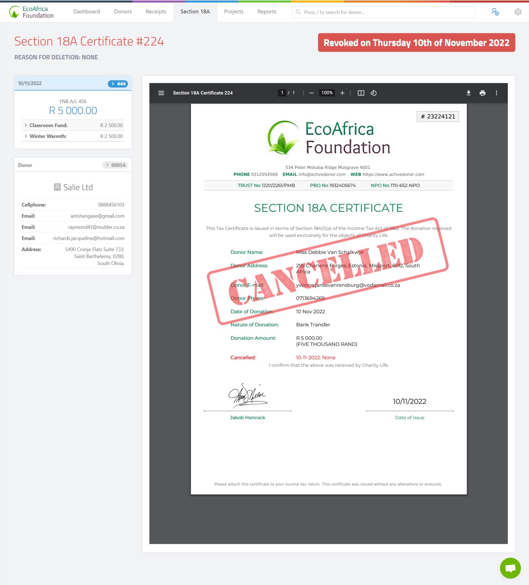 Deleting a Section 18A Tax Certificate – ActiveDonor Help