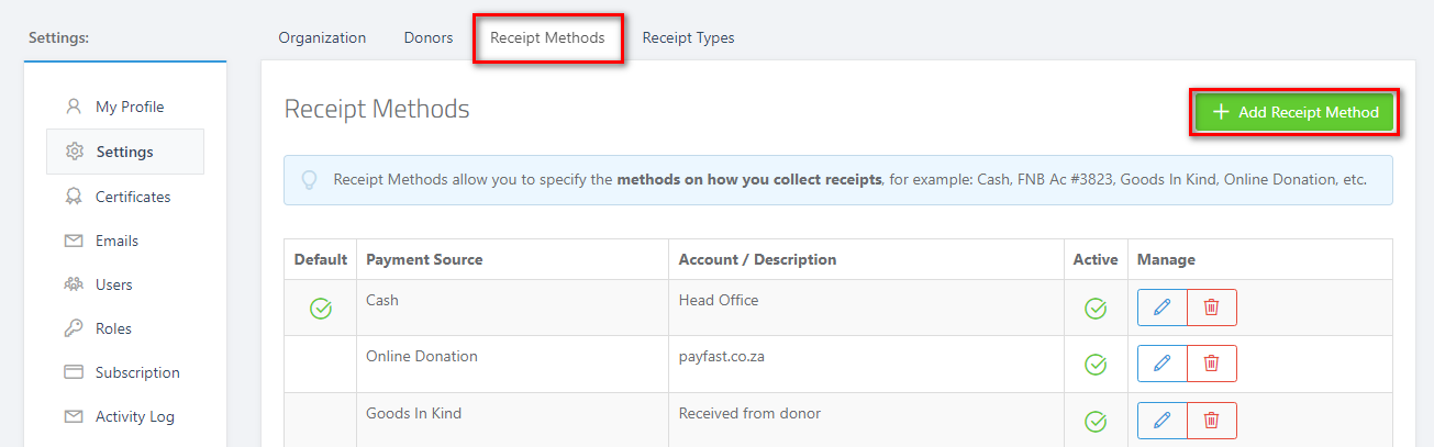 Managing Receipt Methods – ActiveDonor Help