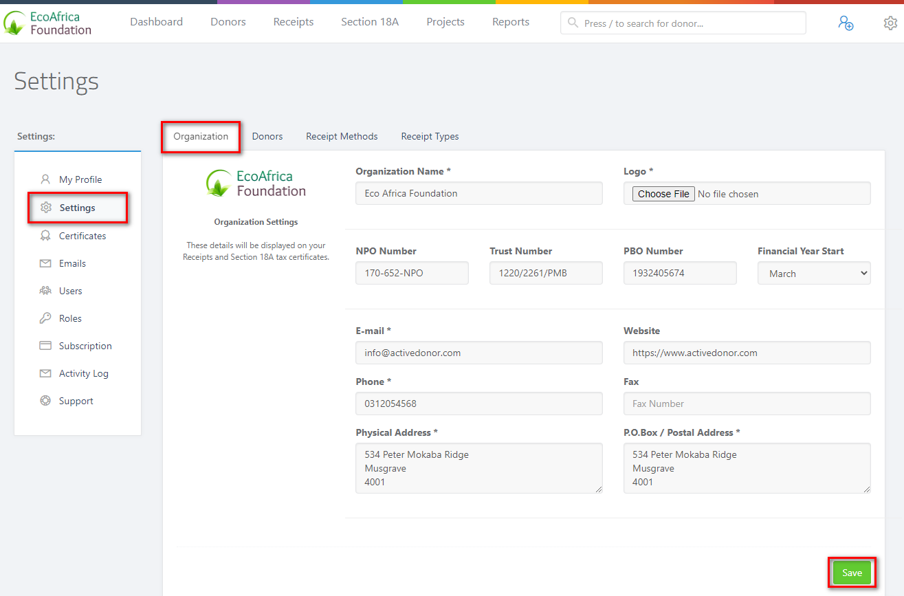 Setting your organisation settings (logo etc.) – ActiveDonor Help