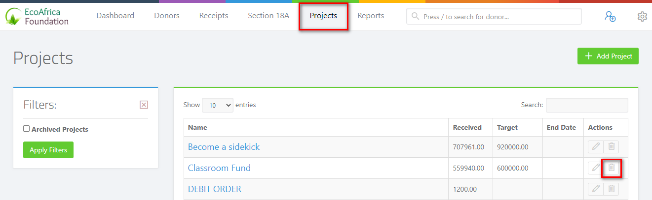 Deleting Projects – ActiveDonor Help Deleting Projects – ActiveDonor Help