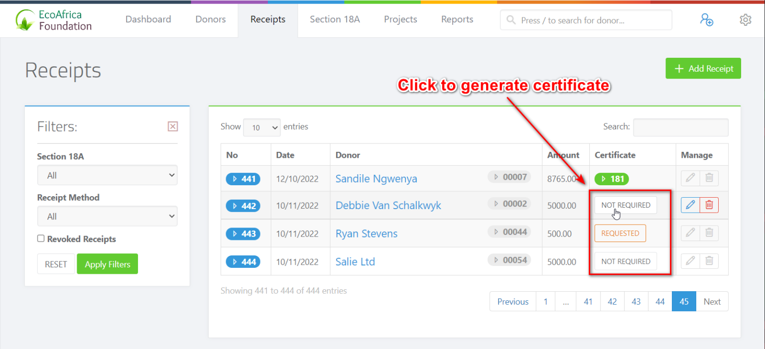 Generating a Section 18A Tax Certificate – ActiveDonor Help