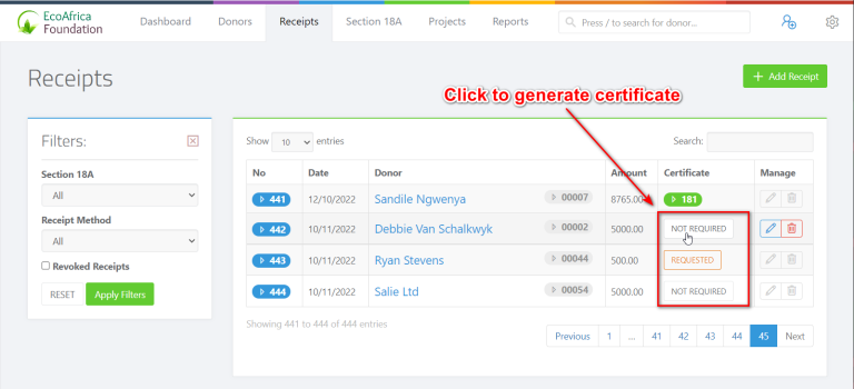 Generating a Section 18A Tax Certificate – ActiveDonor Help