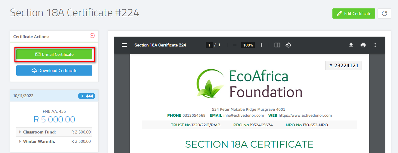 Generating a Section 18A Tax Certificate – ActiveDonor Help