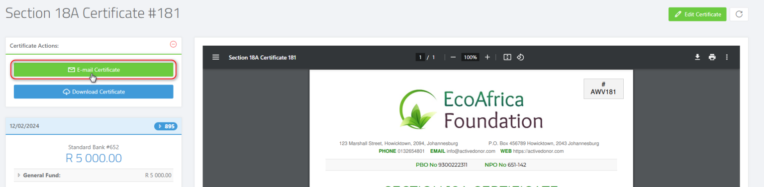 Generating a Section 18A Tax Certificate – ActiveDonor Help