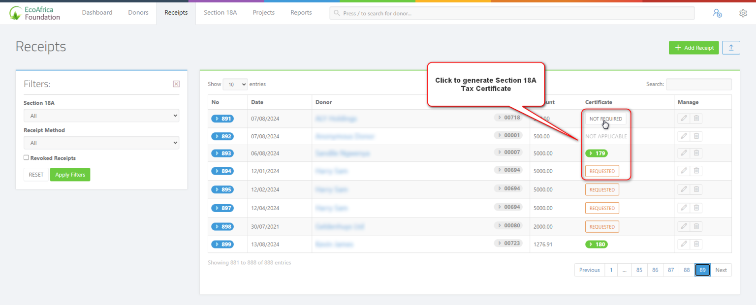 Generating a Section 18A Tax Certificate – ActiveDonor Help