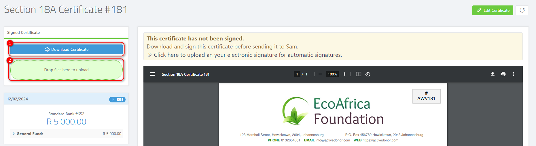 Generating a Section 18A Tax Certificate – ActiveDonor Help