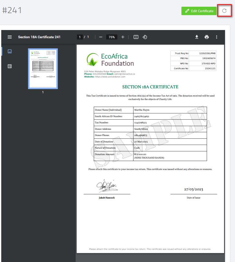Remove SAMPLE text from Section 18A Certificate – ActiveDonor Help