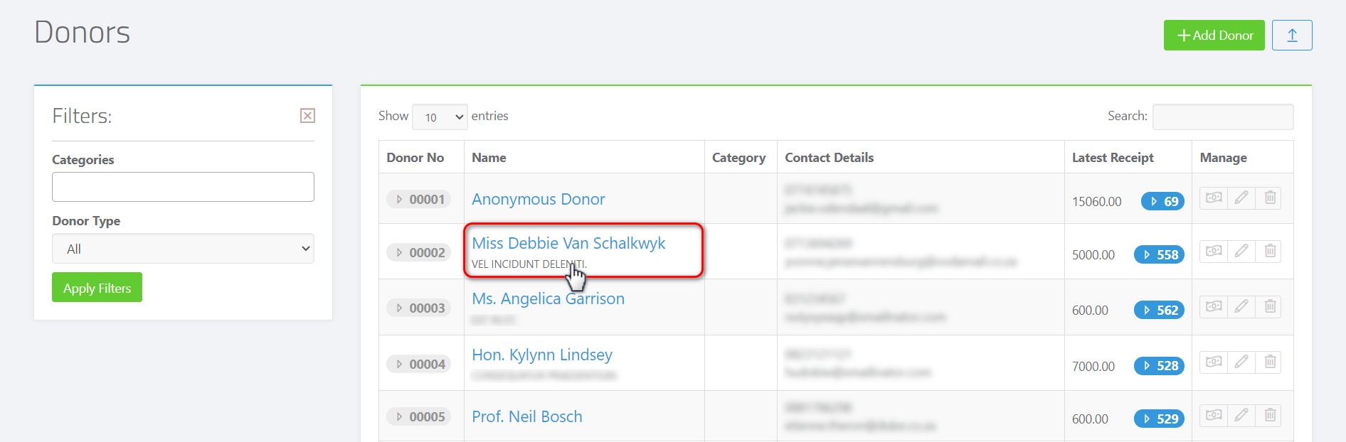 Viewing all Receipts for a Donor – ActiveDonor Help