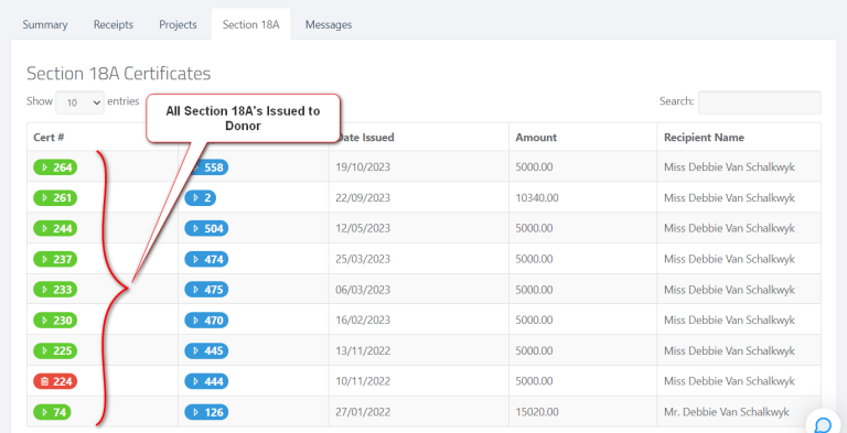 Viewing all Section 18A Tax Certificates for a Donor – ActiveDonor Help